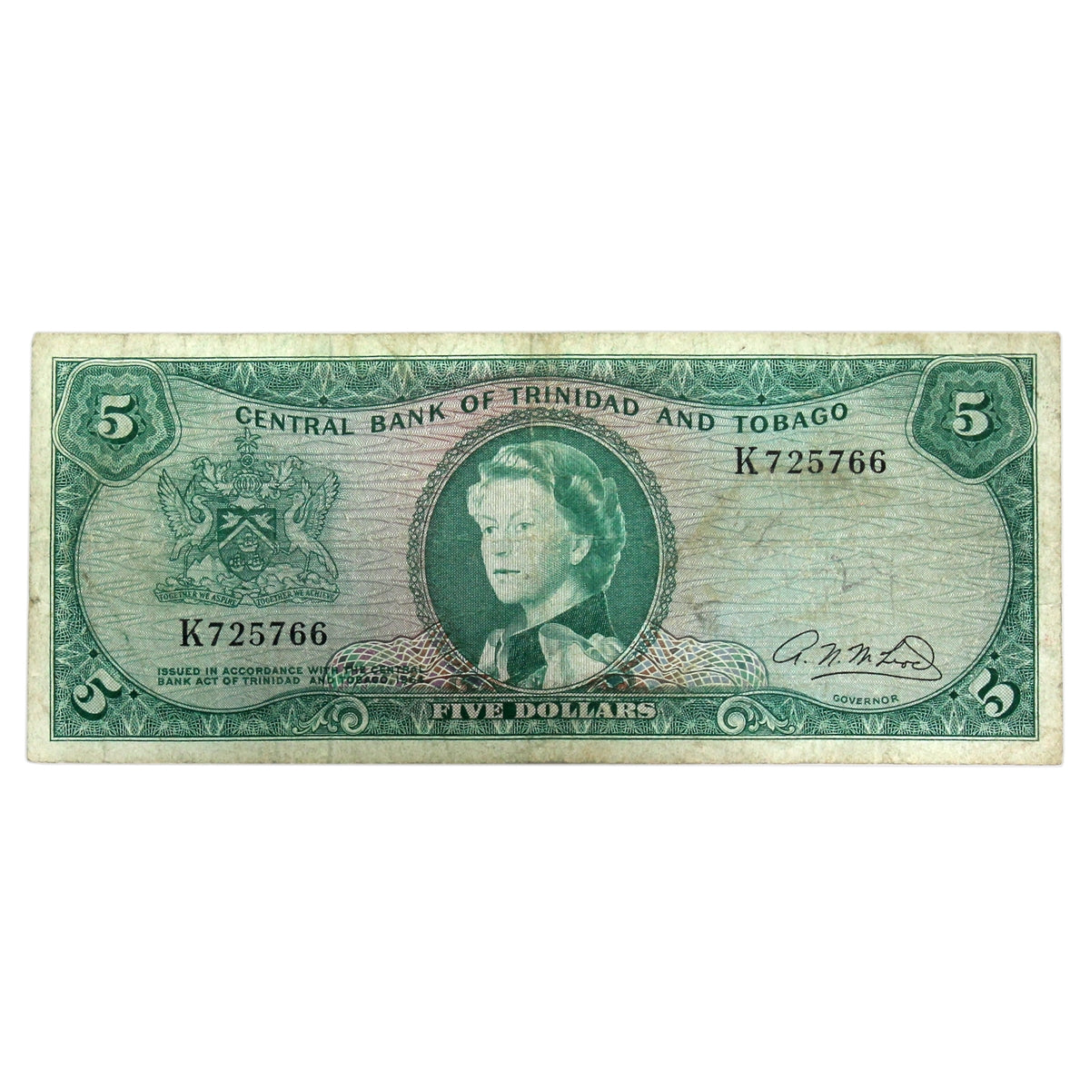 Trinidad & Tobago 1964 5 Dollar Note, Pick #27b, Signature 2, F ...