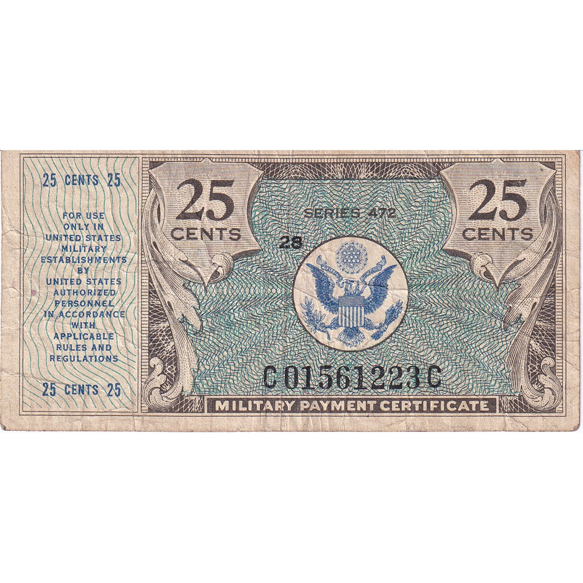 USA 1948-51 25-Cents Military PMT Certificate, Series 472, F-VF ...
