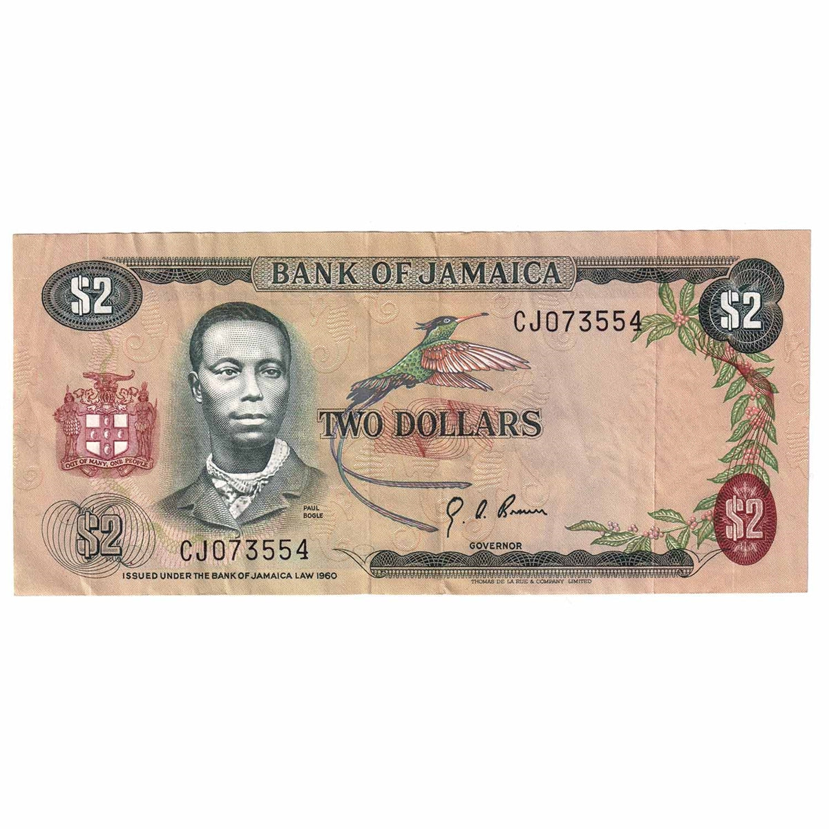Jamaica Note 1970 2 Dollars, EF – Colonial Acres Coins