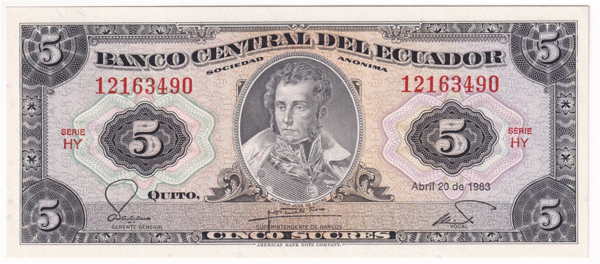 Ecuador Note 1983 5 Sucres, UNC – Colonial Acres Coins
