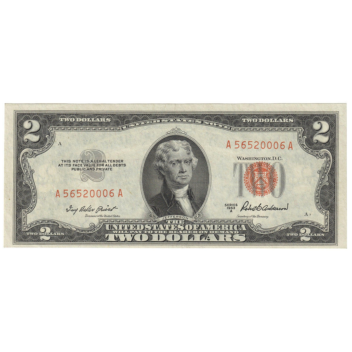 USA 1953A $2 Note, FR #1510, Priest-Anderson, UNC – Colonial Acres Coins
