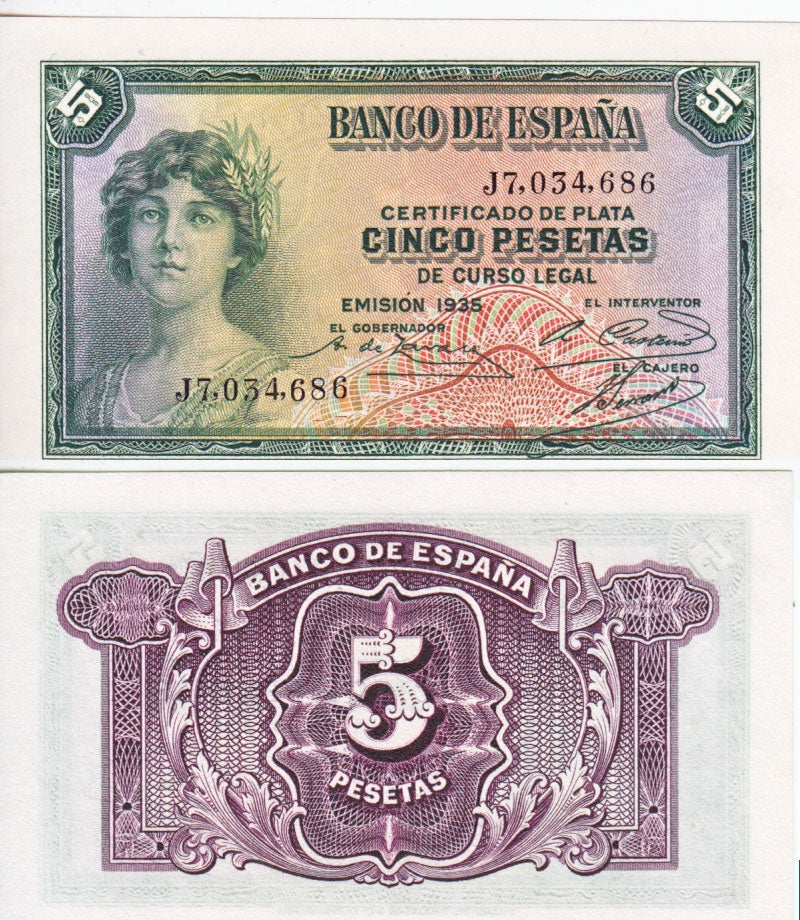 Spain Note 1935 5 Pesetas, UNC – Colonial Acres Coins