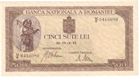 Romania 1941 500 Lei Note, Pick #51a, UNC – Colonial Acres Coins