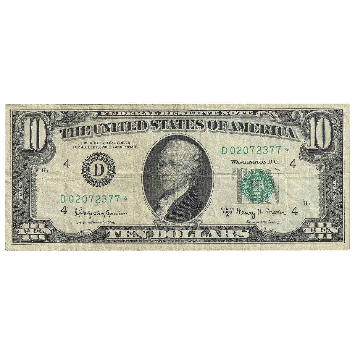 USA 1963A $10 Note, FR #2017D*, Granahan-Fowler, Star Note, Cleveland ...