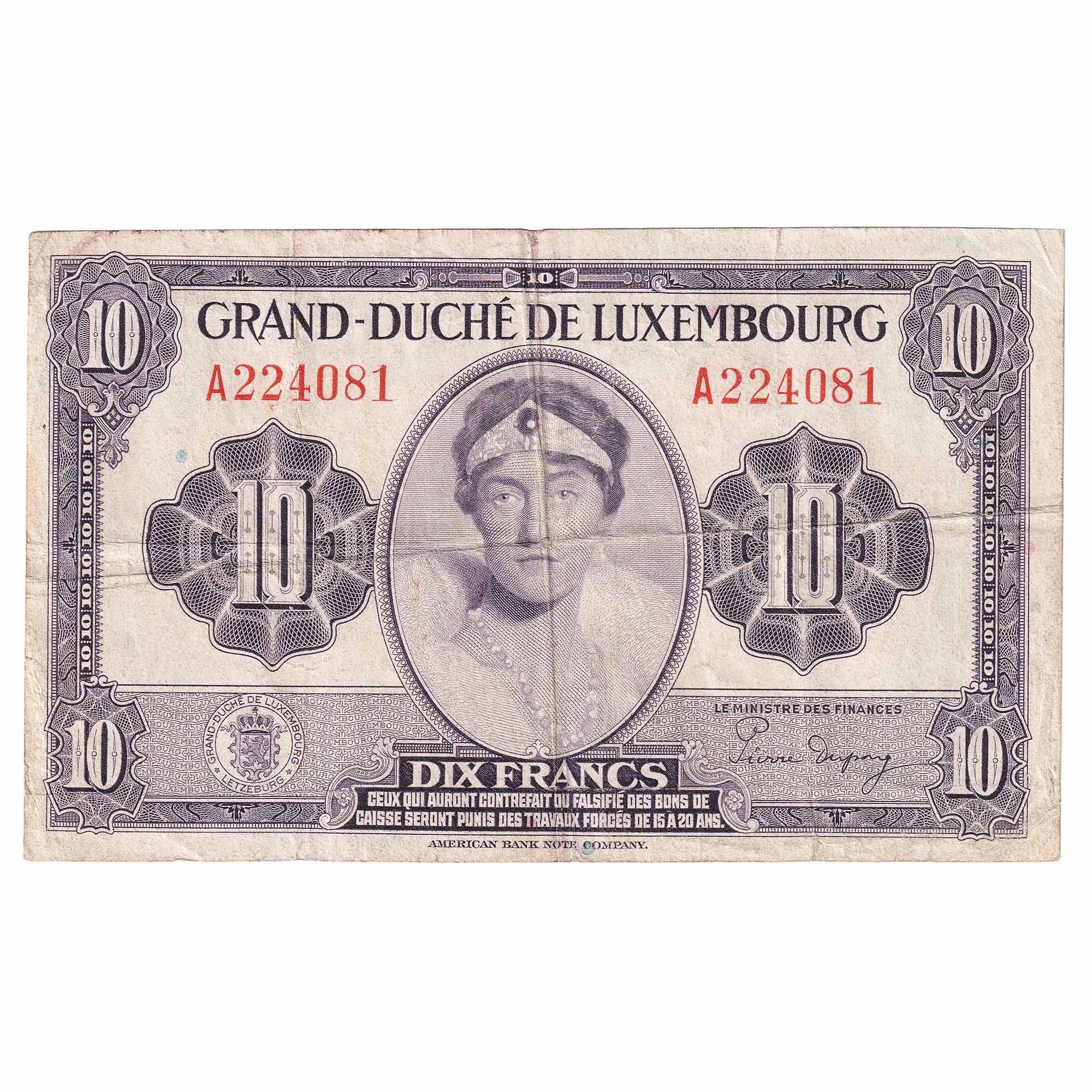 Luxembourg 1944 10 Franc Note, Pick #44a, VF-EF – Colonial Acres Coins