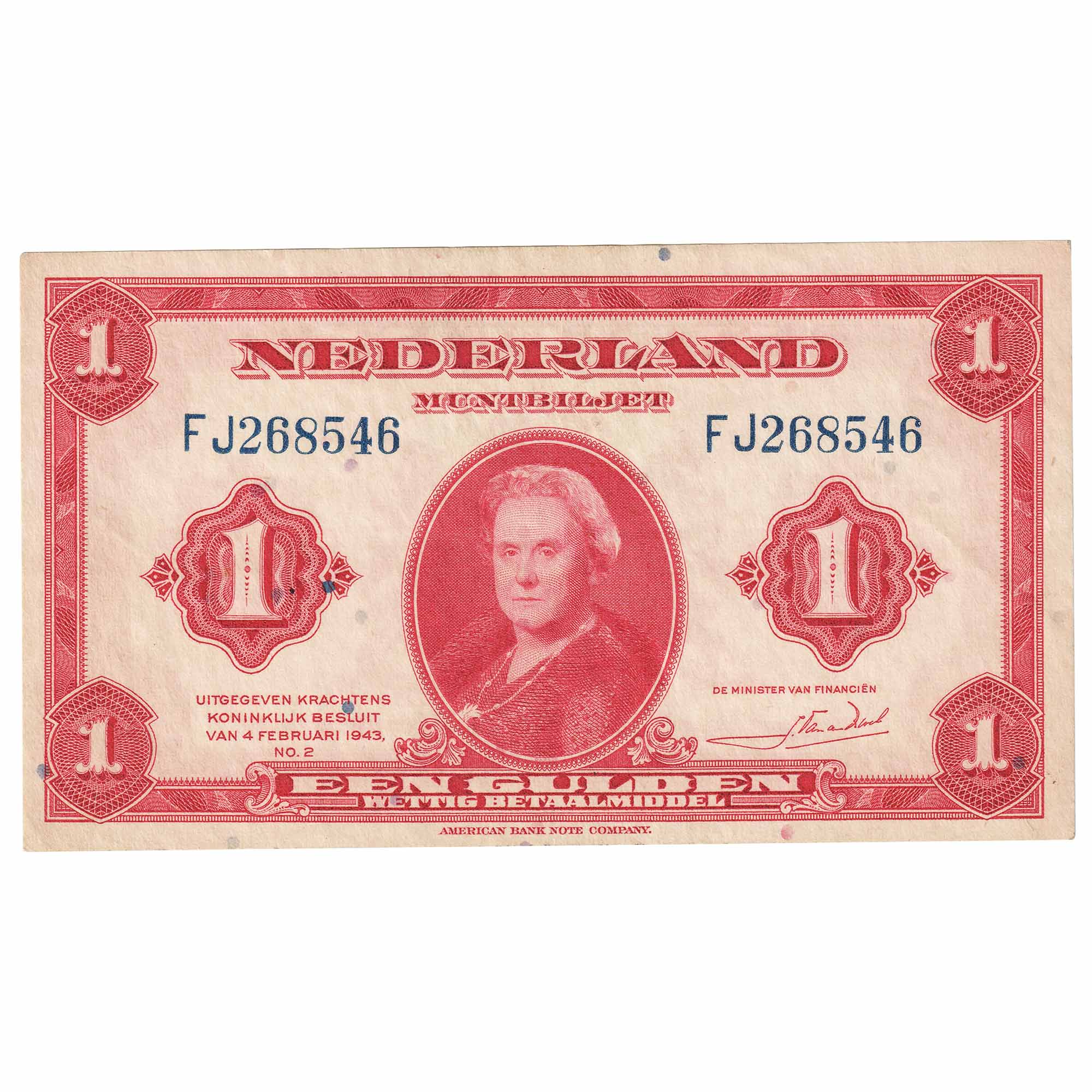 Netherlands 1943 1 Gulden Note, Pick #64a, AU – Colonial Acres Coins