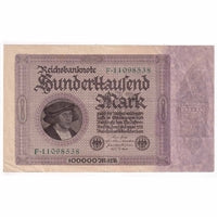 Germany 1923 100,000 Mark Note, w/o T VF – Colonial Acres Coins