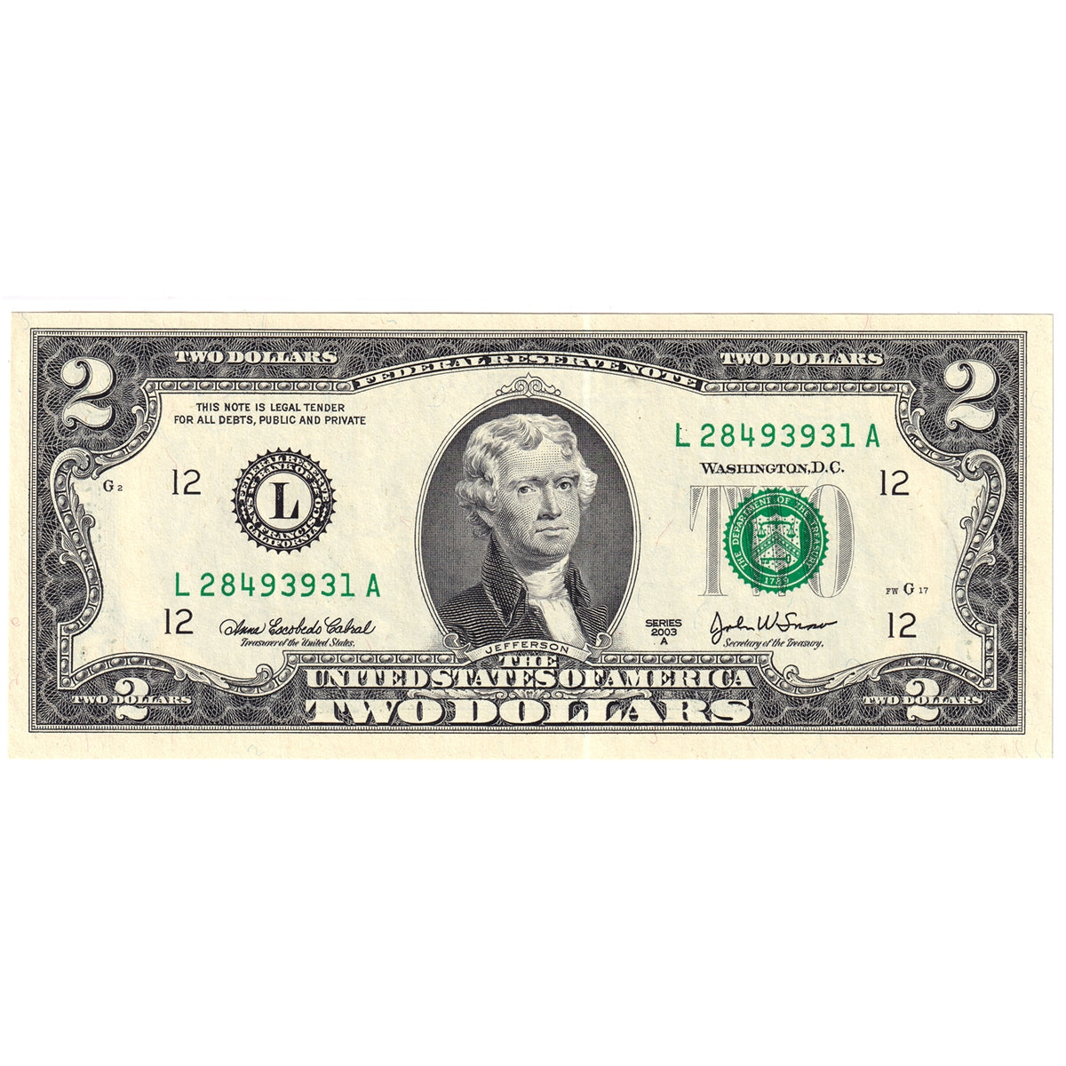 USA 2003A $2 Note, KL#4684L, San Francisco, UNC – Colonial Acres Coins