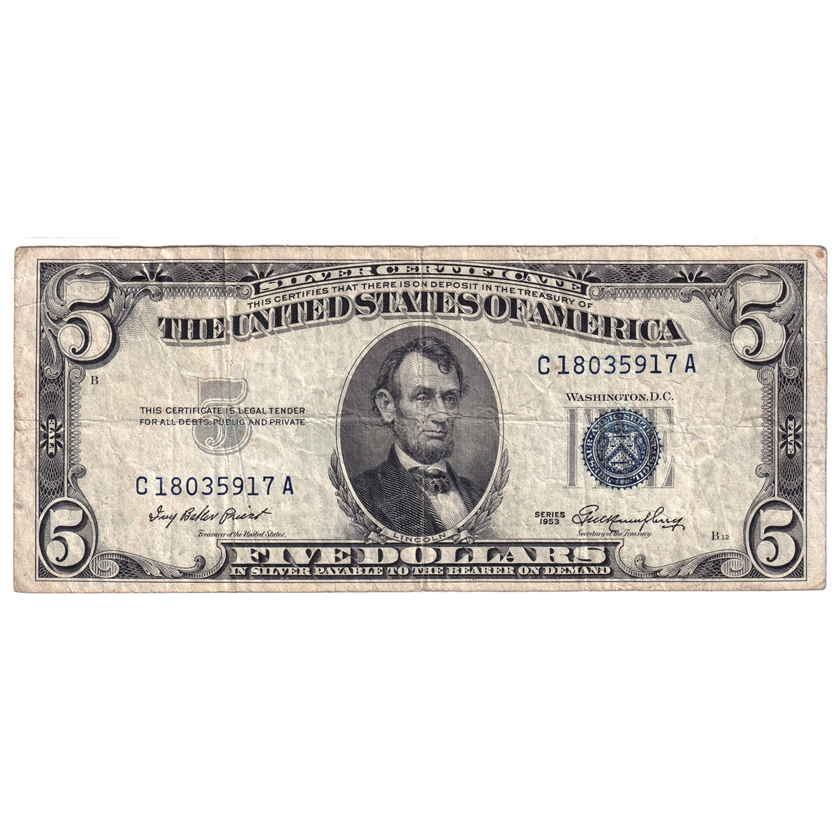 USA 1953 $5 Note, FR #1655, Fine – Colonial Acres Coins