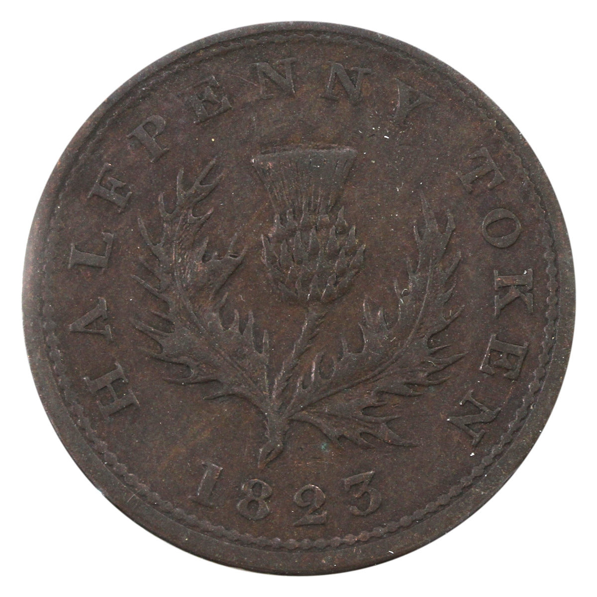 NS-1A1 1823 Nova Scotia 15 Leaves Thistle Half Penny Token, EF-AU (EF4 – Colonial Acres Coins