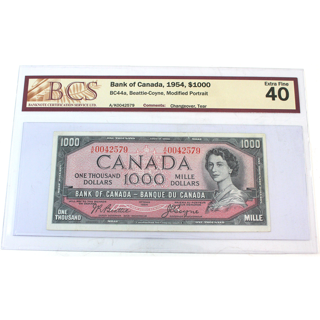 BC-44a 1954 Canada $1000 B-C, Changeover, A/K BCS Certified EF40 NO Cr – Colonial Acres Coins