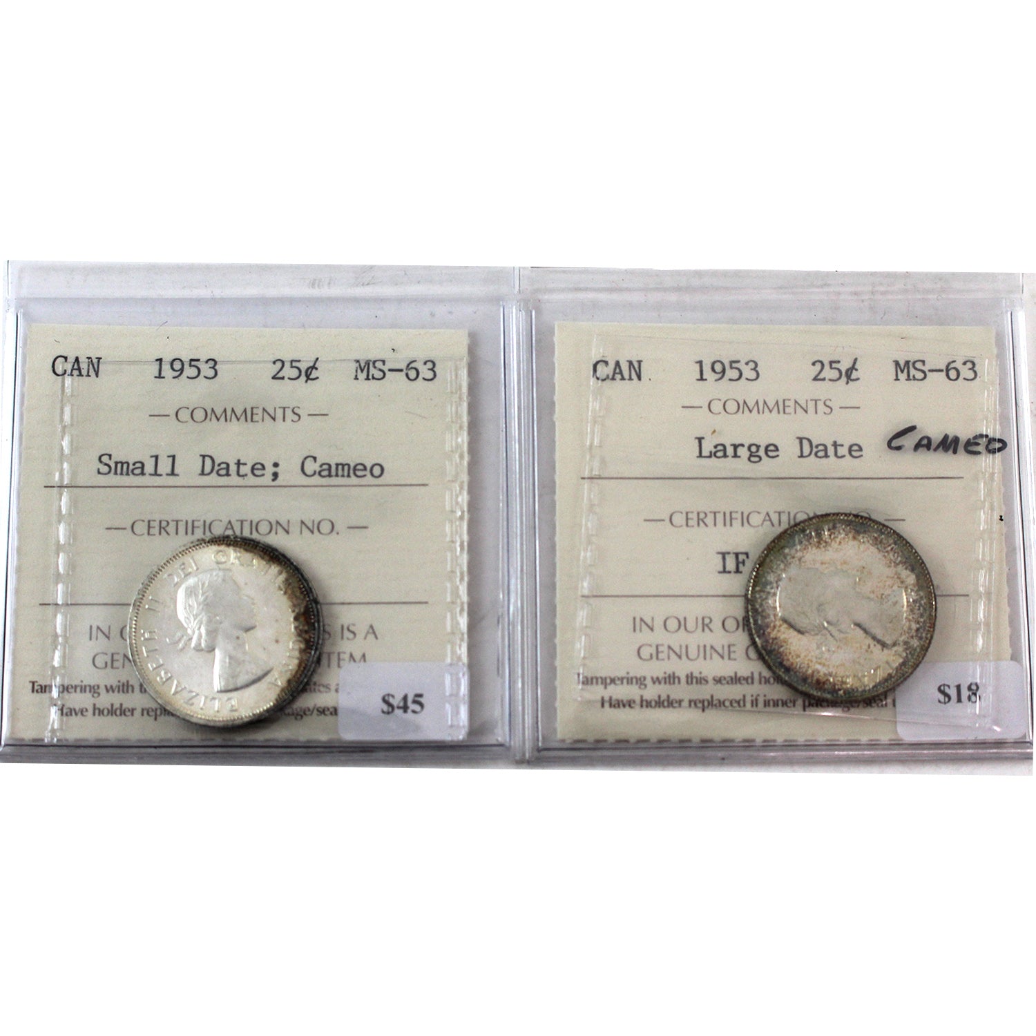 Pair of 1953 Canada 25-Cents ICCS Certified MS63 Small & Large Date Ca – Colonial Acres Coins