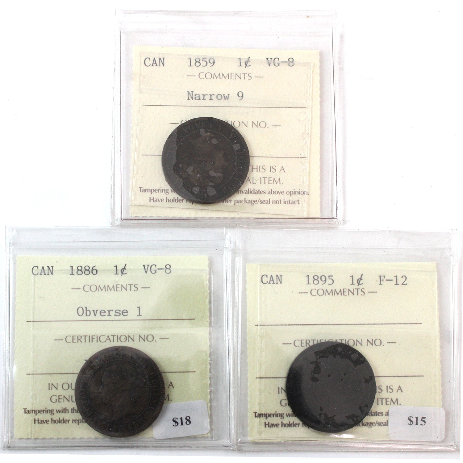 Lot of 3x 1859-1895 Canada 1-Cent ICCS Certified VG-8 to F12, 3pcs. – Colonial Acres Coins