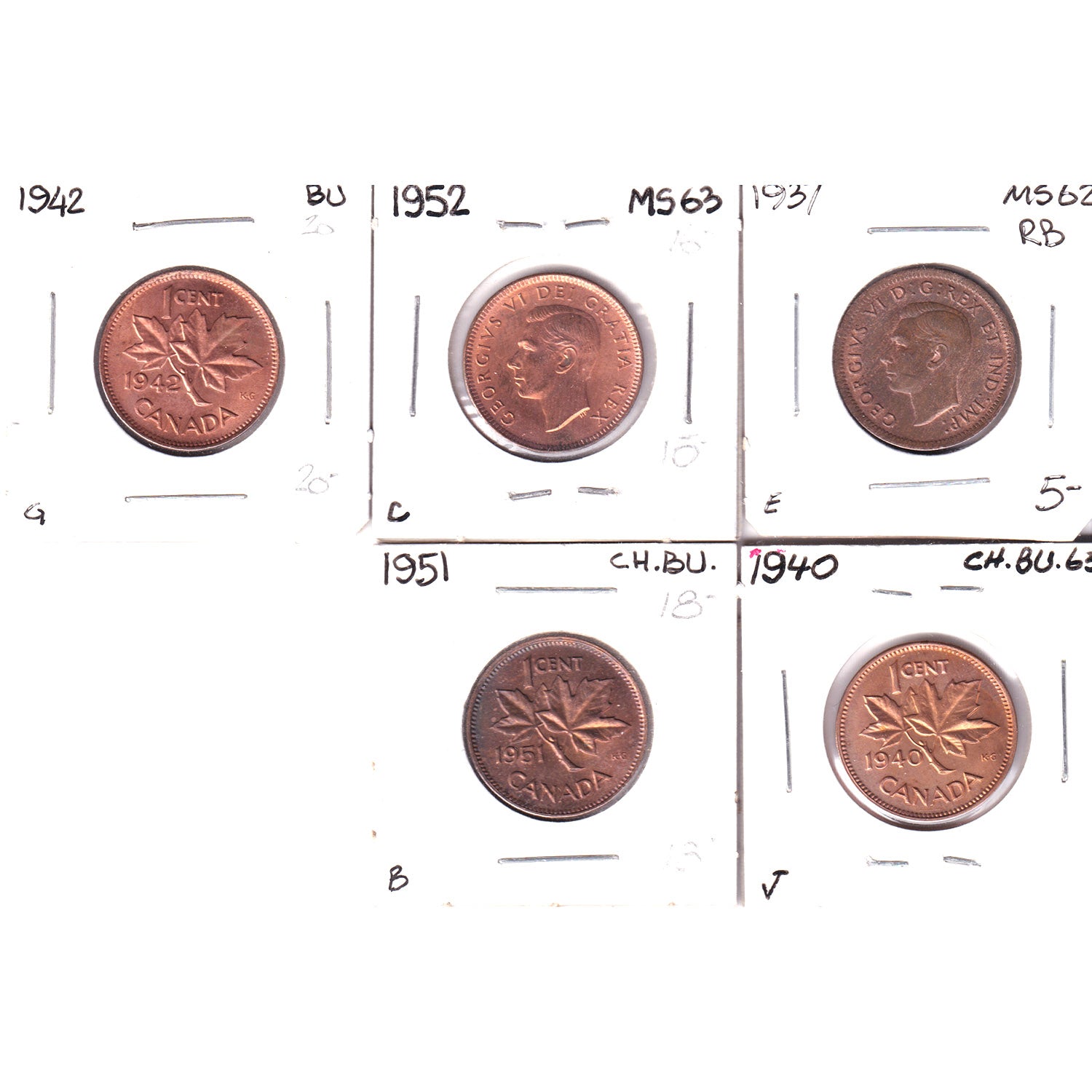 Lot of 5x 1937-1952 Canada 1-Cent, All in Mint State (Sold As Is) – Colonial Acres Coins