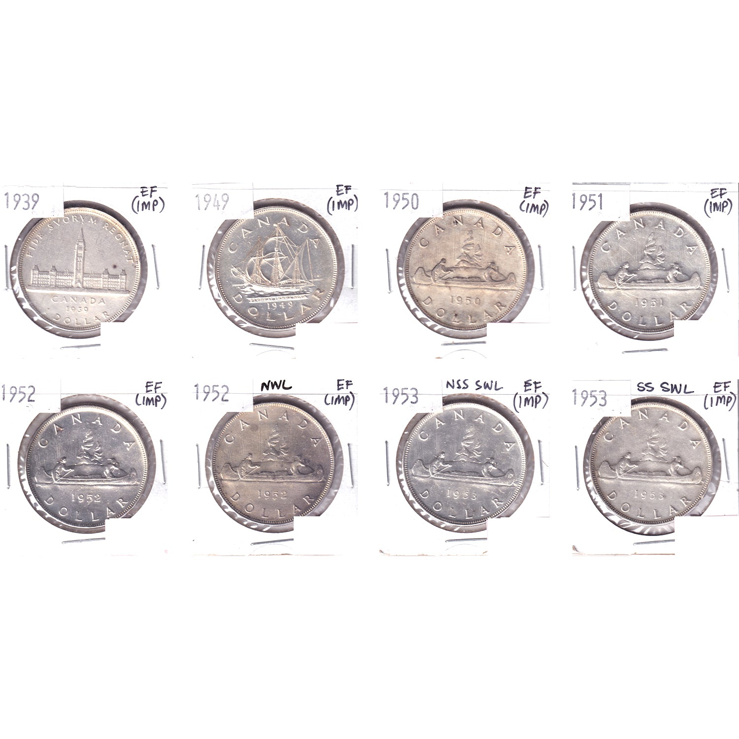 Lot of 8x 1939-1953 Canada Dollar, All EF, 8Pcs. (Impaired) – Colonial Acres Coins