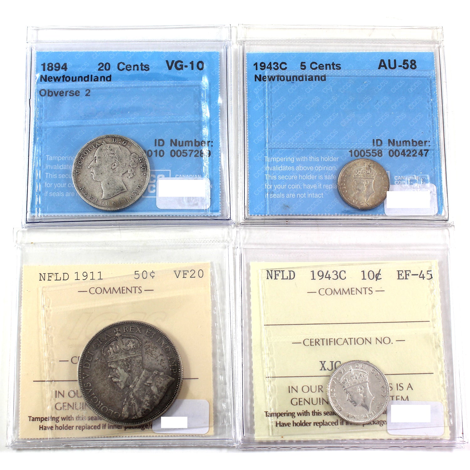 Lot of 4x 1894-1943C Newfoundland Decimal Coins ICCS & CCCS Certified ...