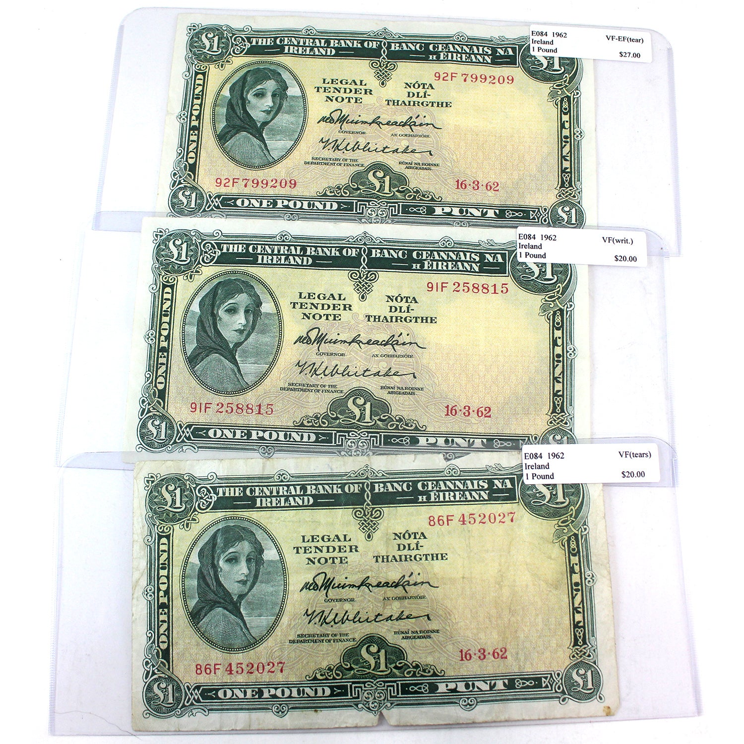Lot of 3x Ireland Notes, 1962 £1, VF or VF-EF, 3Pcs (Tears or writing ...