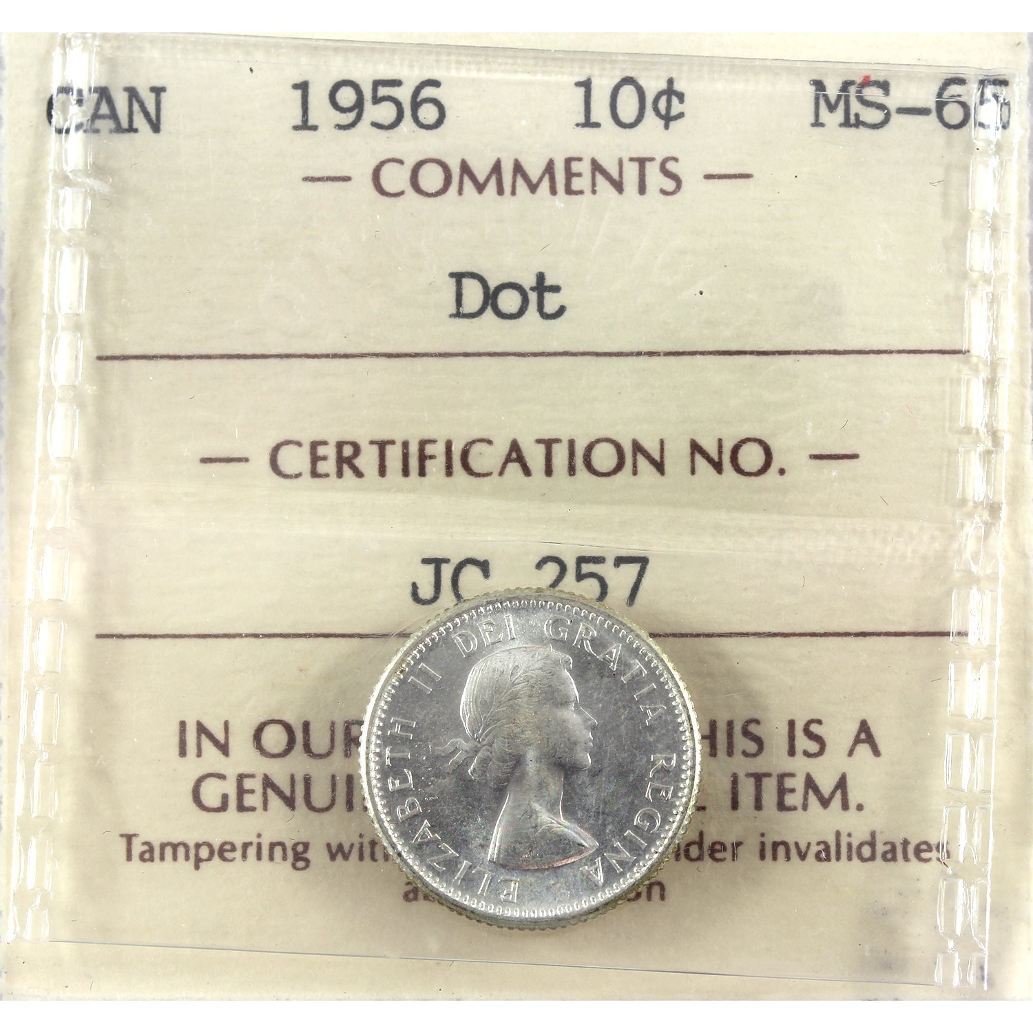 1956 Dot Canada 10-cents ICCS Certified MS65 (toned) – Colonial Acres Coins
