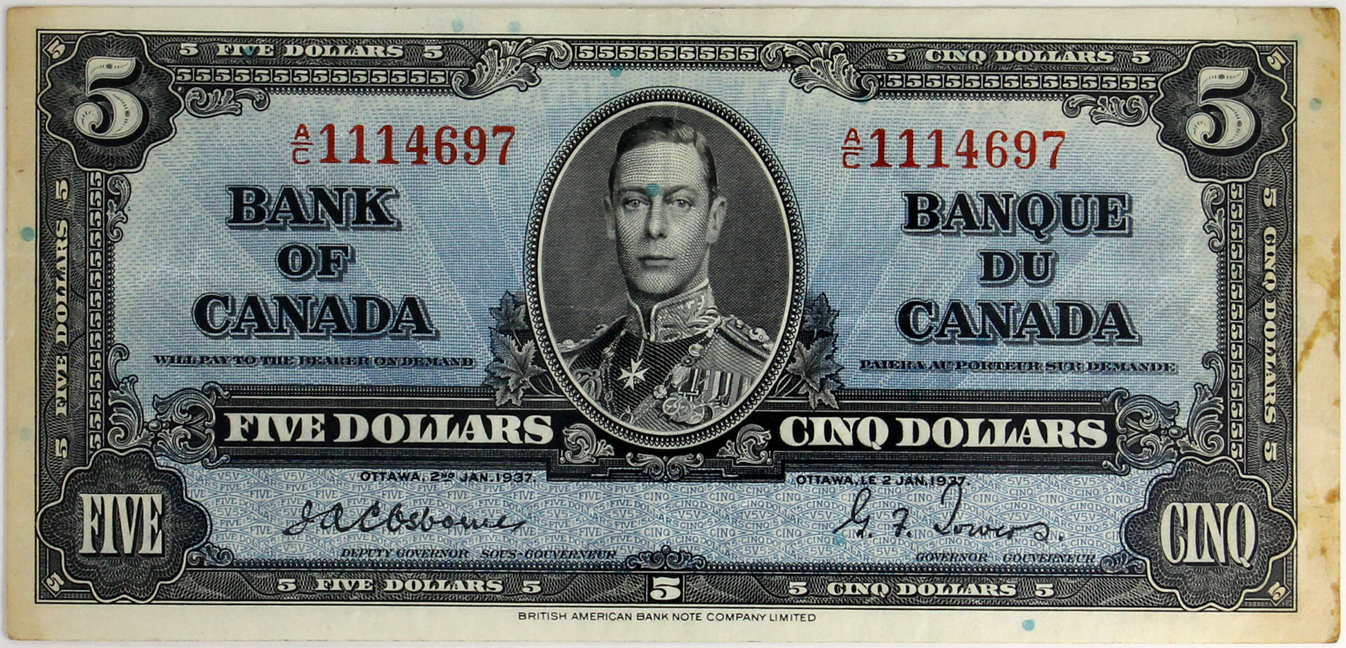 BC-23a 1937 Canada $5 Osborne-Towers, A/C PMG Certified VF-30 at Colonial Acres Coins