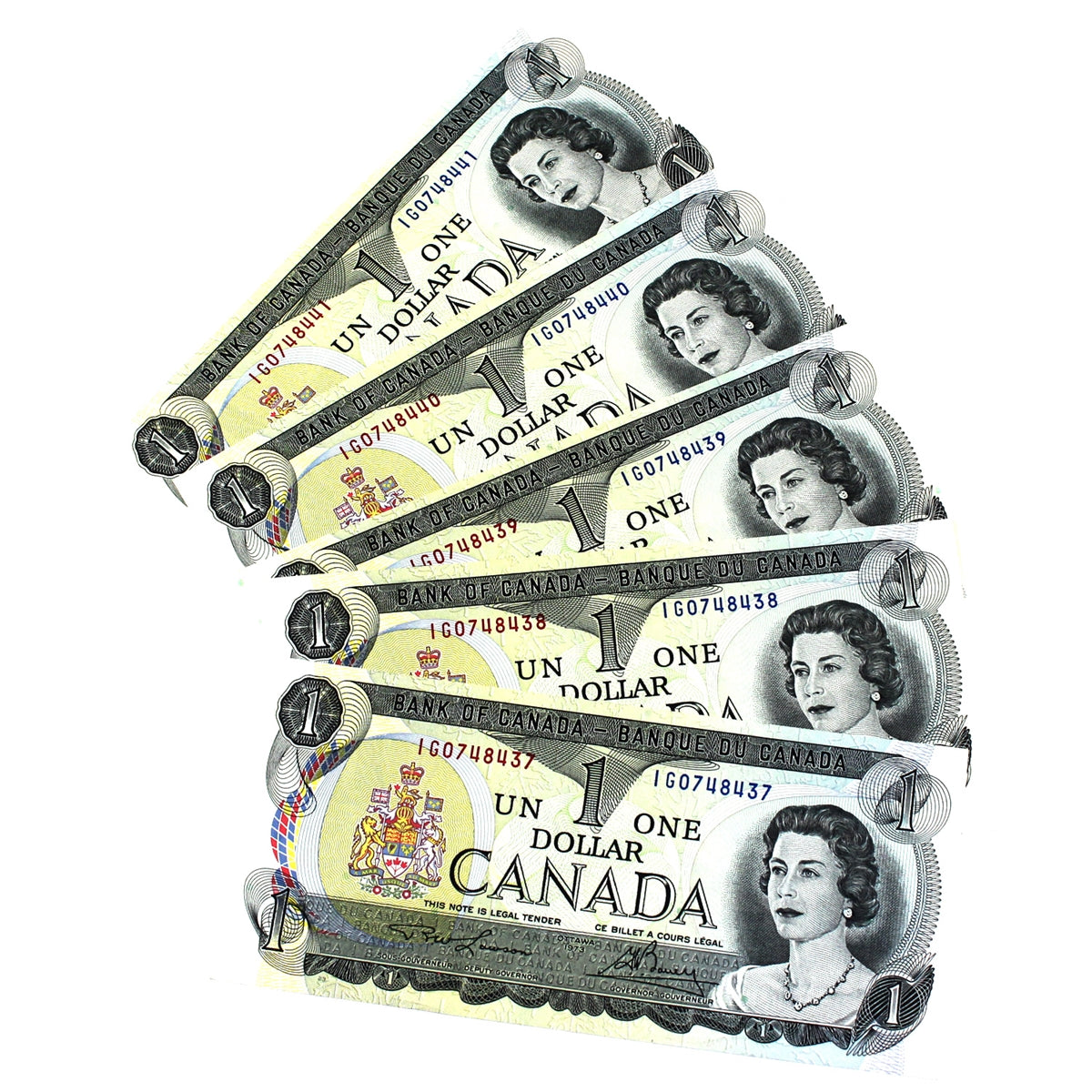 5x BC-46a 1973 Canada $1 Lawson-Bouey, 2-letter Prefix, Sequential, 5P ...