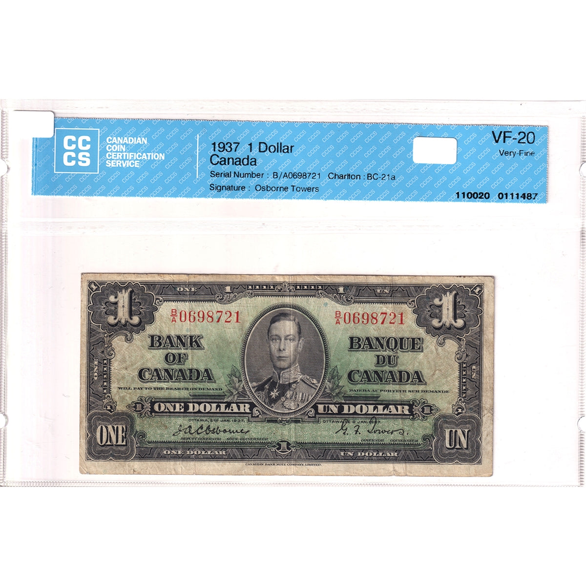 BC-21a 1937 Canada $1 Osborne-Towers, B/A, CCCS Certified VF20 – Colonial Acres Coins